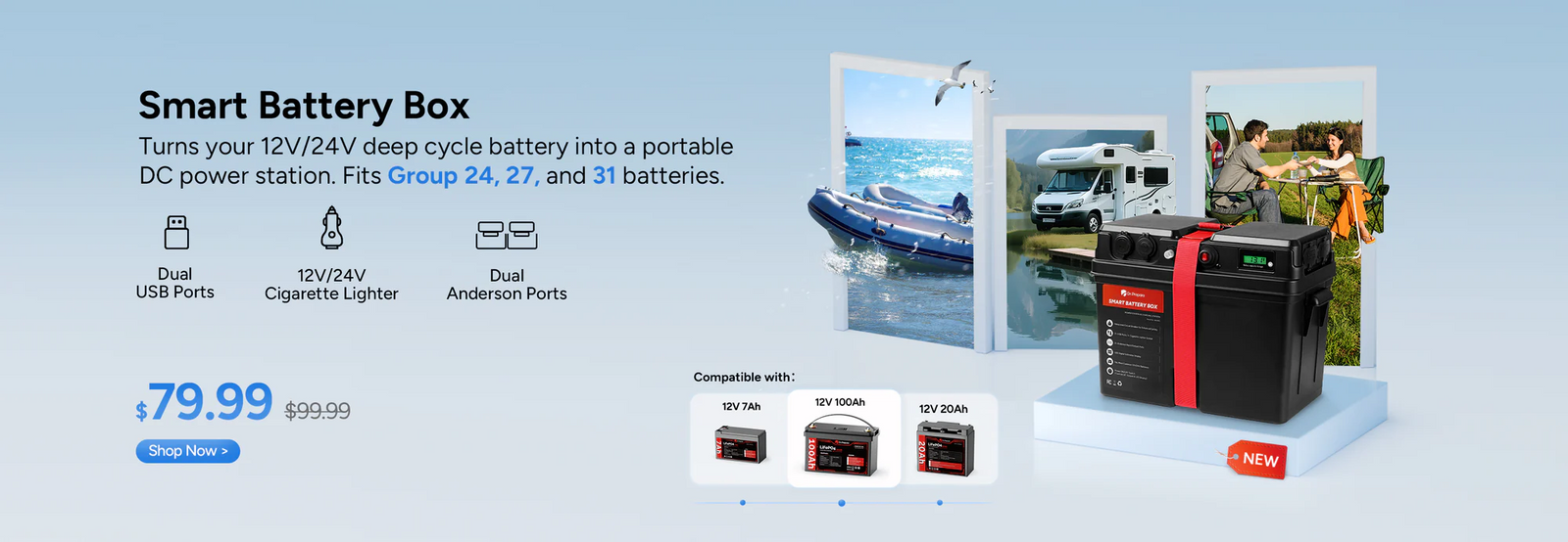 Smart Battery Box with USB, 12V/24V Cigarette Lighter, and Anderson Po